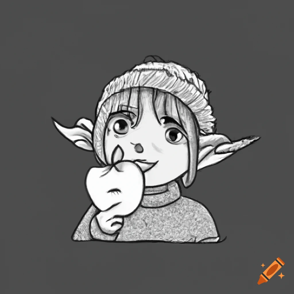 Adorable goblin with apple in cozy beanie, ideal for minimalist art on ...