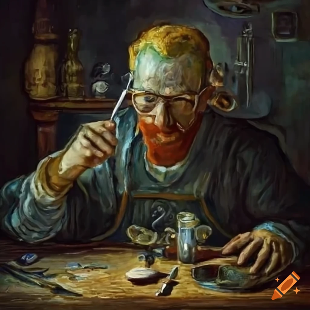 Alchemist conducting experiments in a van gogh style laboratory on Craiyon
