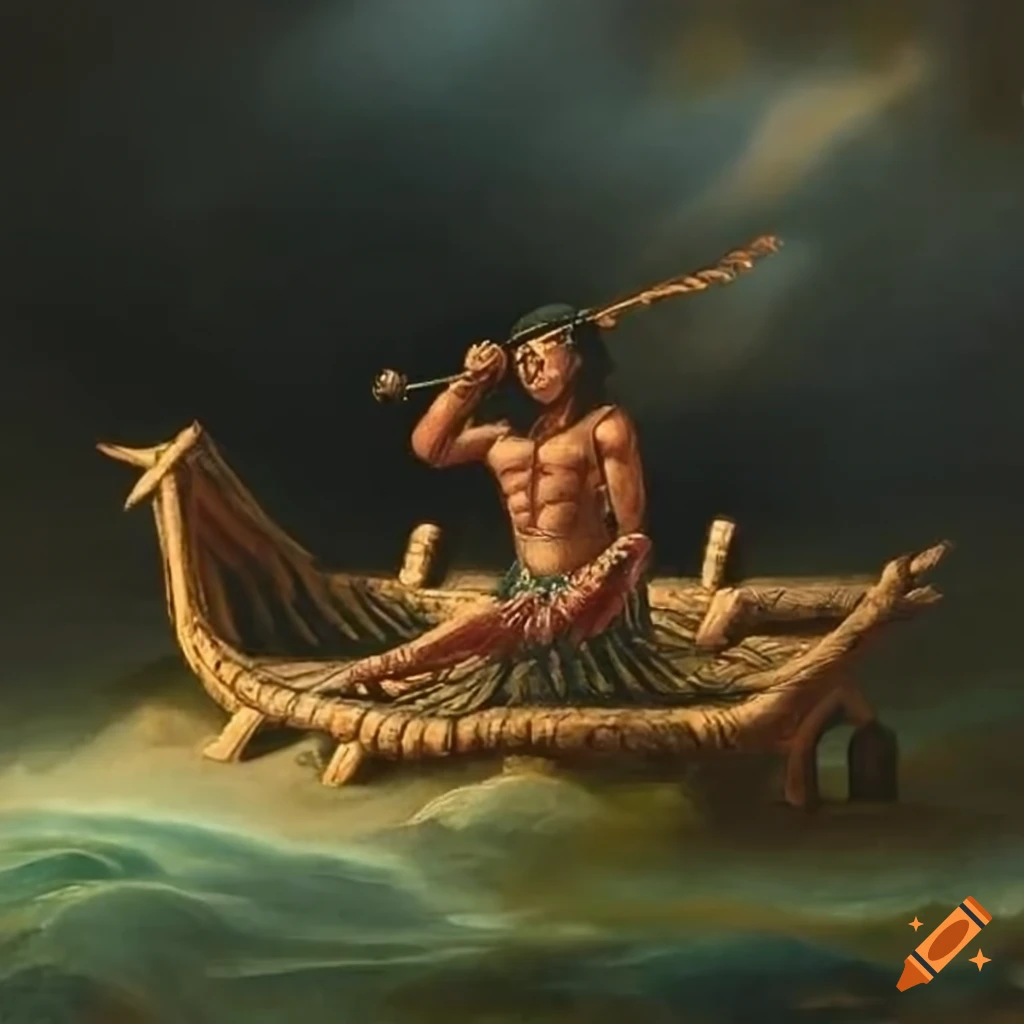 Detailed painting of an ancient log and thatch raft in a stormy sea on ...