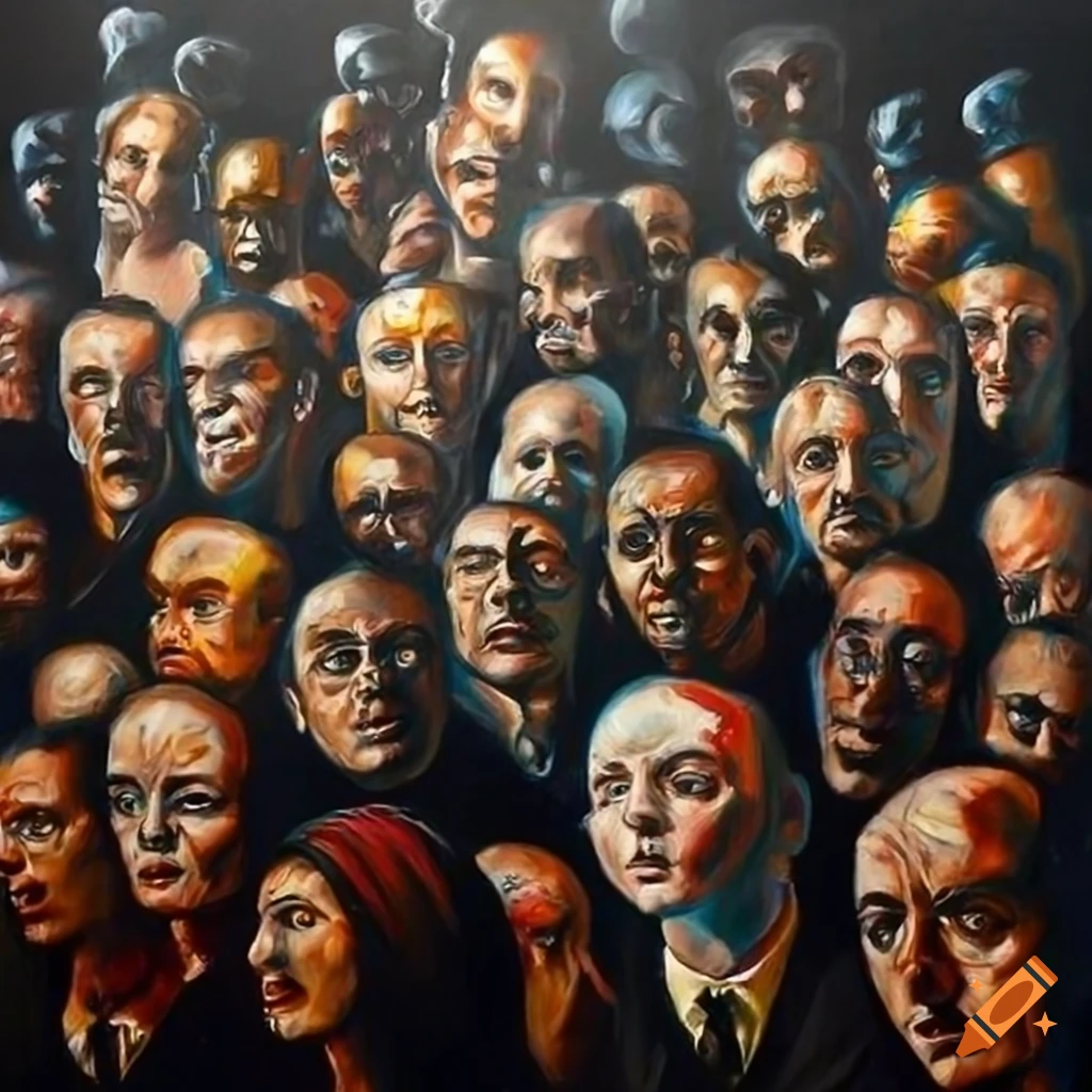 Realistic contemporary painting of a crowd of sleepwalking people on ...