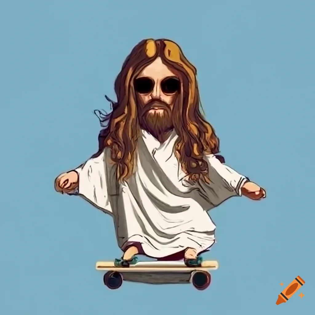 Jesus christ skateboarding in the sky with mirrored sunglasses on Craiyon