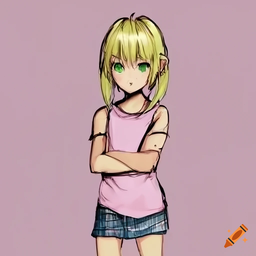 Anime Girl With Blonde Hair Green Eyes Wearing A Light Pink