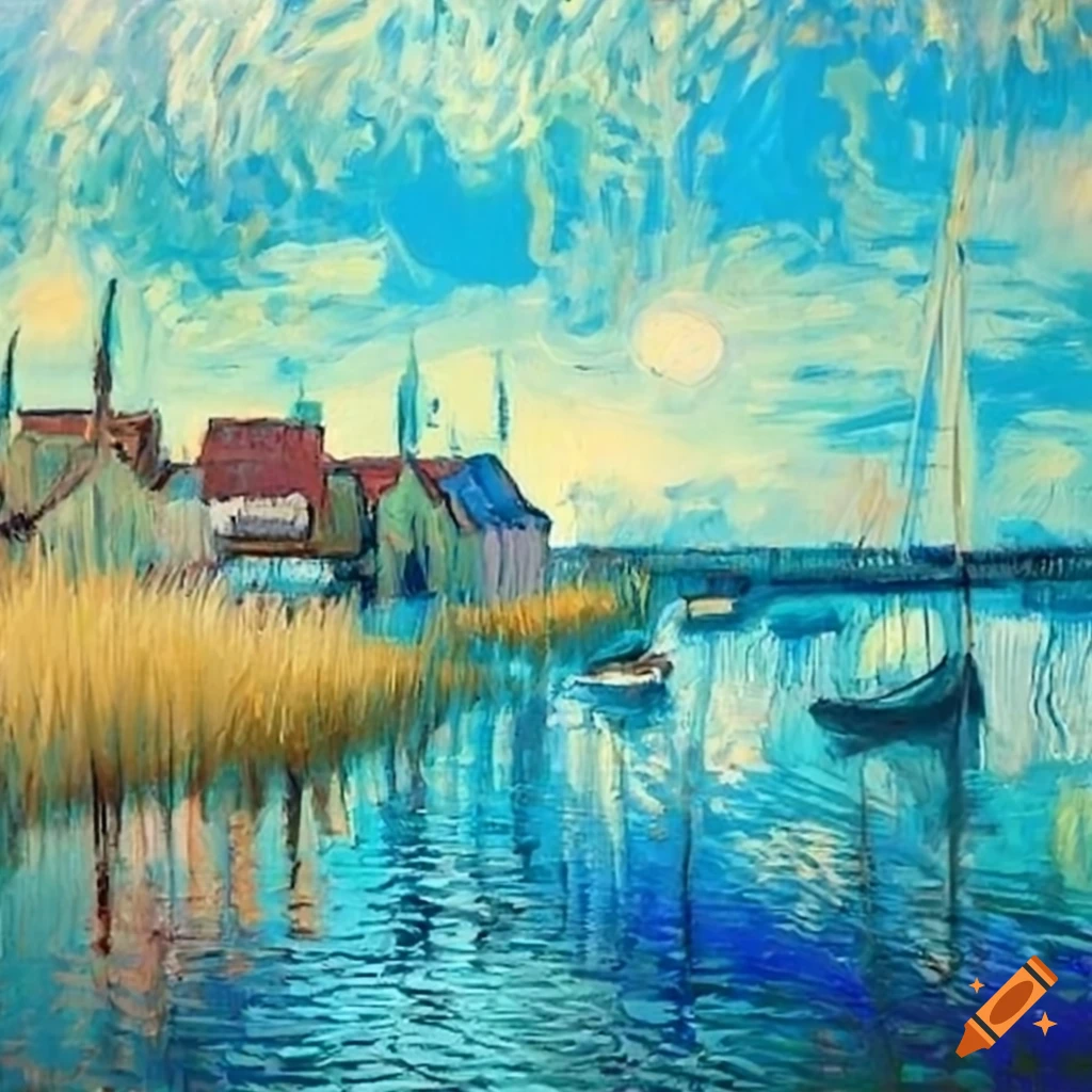 Painted abstract town by the sea in van gogh style with yachts at the ...