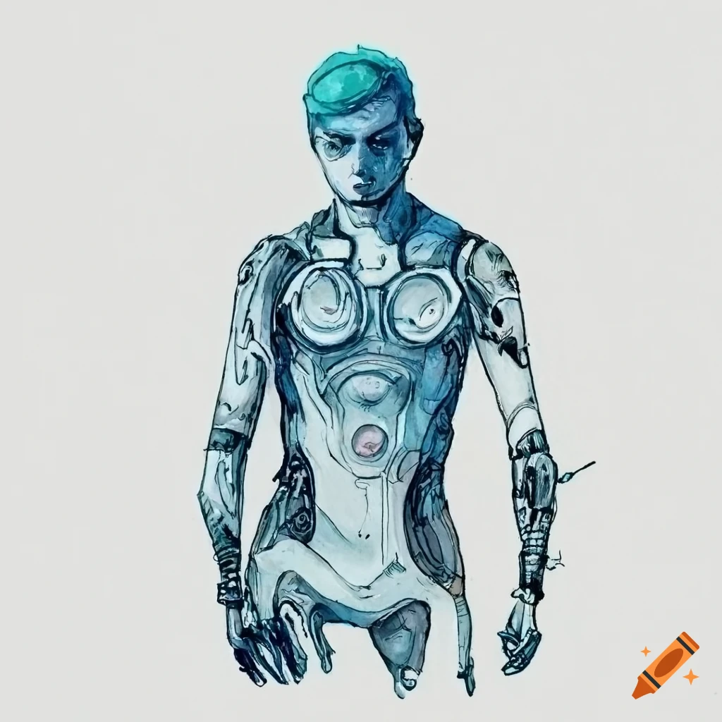 Young man cyborg in high-tech bodysuit with light cyan hair in ...