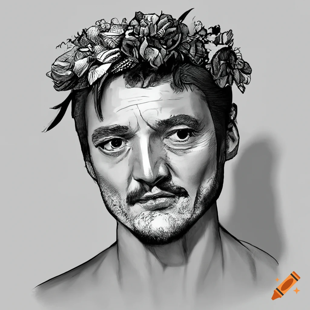 Pen and ink portrait of Pedro Pascal in a flower crown, black and white ...