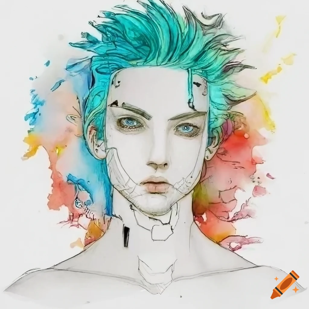 Watercolor of a young man cyborg in a white futuristic bodysuit with ...