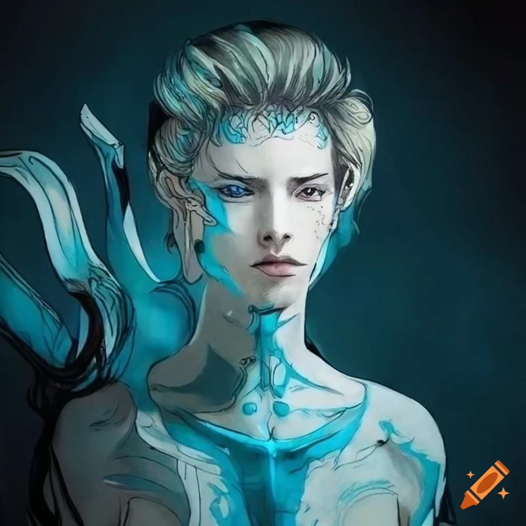 Charismatic young man cyborg in light cyan bodysuit inspired by ...