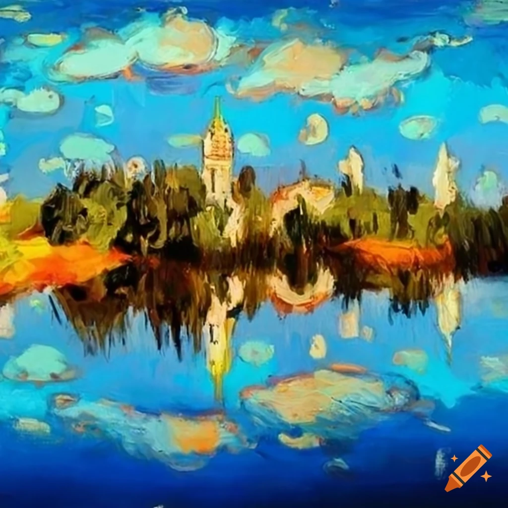 Painted abstract town by the sea in van gogh style with yachts at the ...