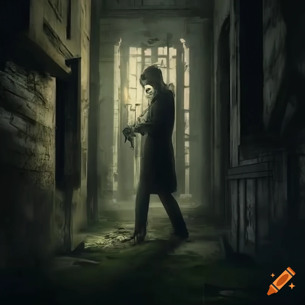 Modern investigator with flashlight in old abandoned house on Craiyon