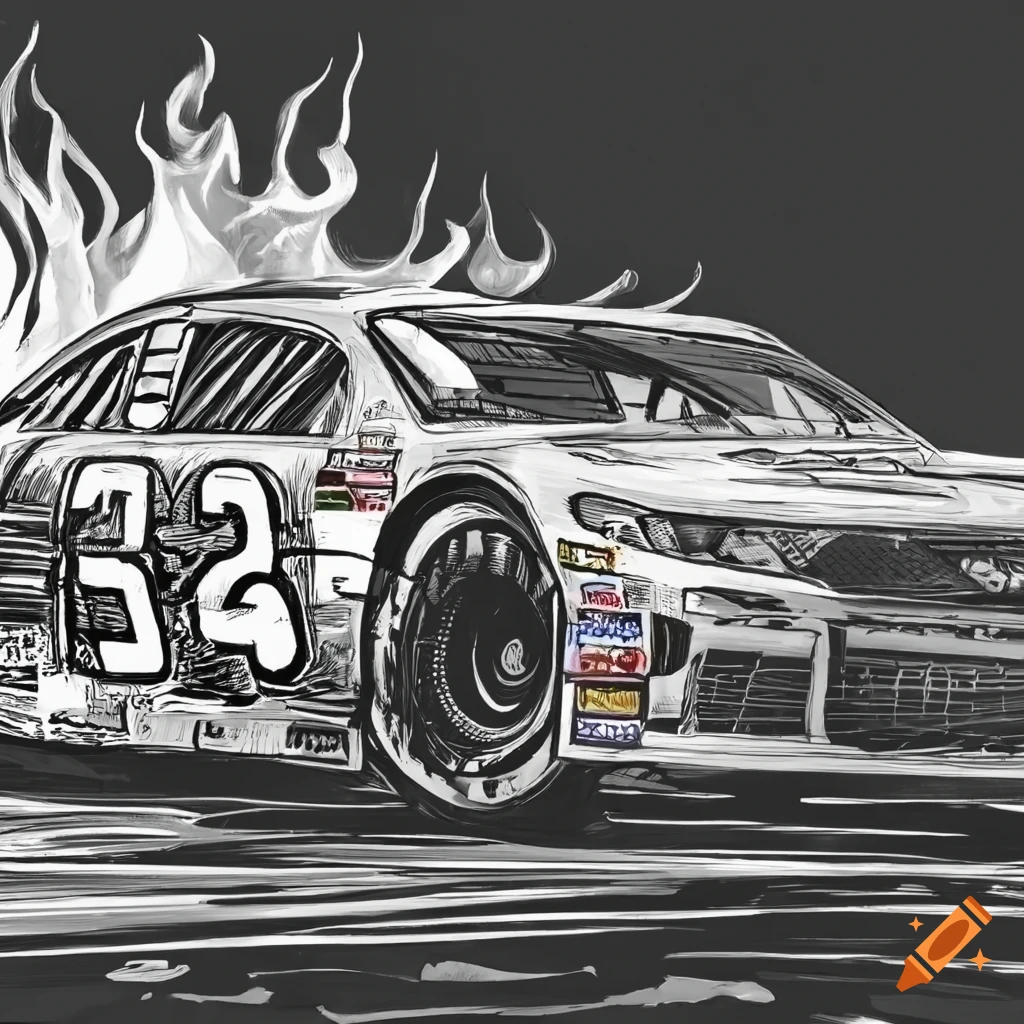 Modern Nascar race car with wheels on fire in detailed pen and ink ...