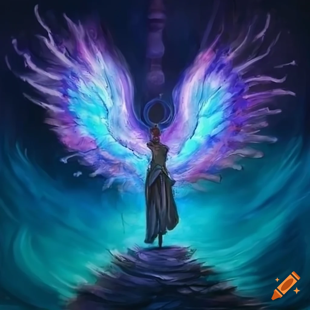 Magical winged spirit and wizard in a painting on Craiyon