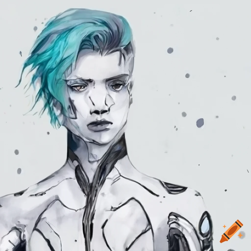 Watercolor of a young man cyborg in a white futuristic bodysuit with ...