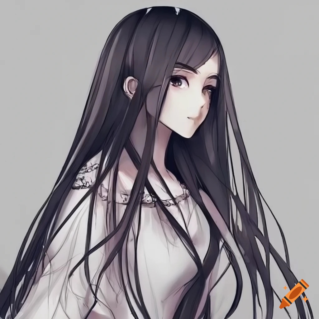 Beautiful anime girl with long dark hair in black and white hatching ...