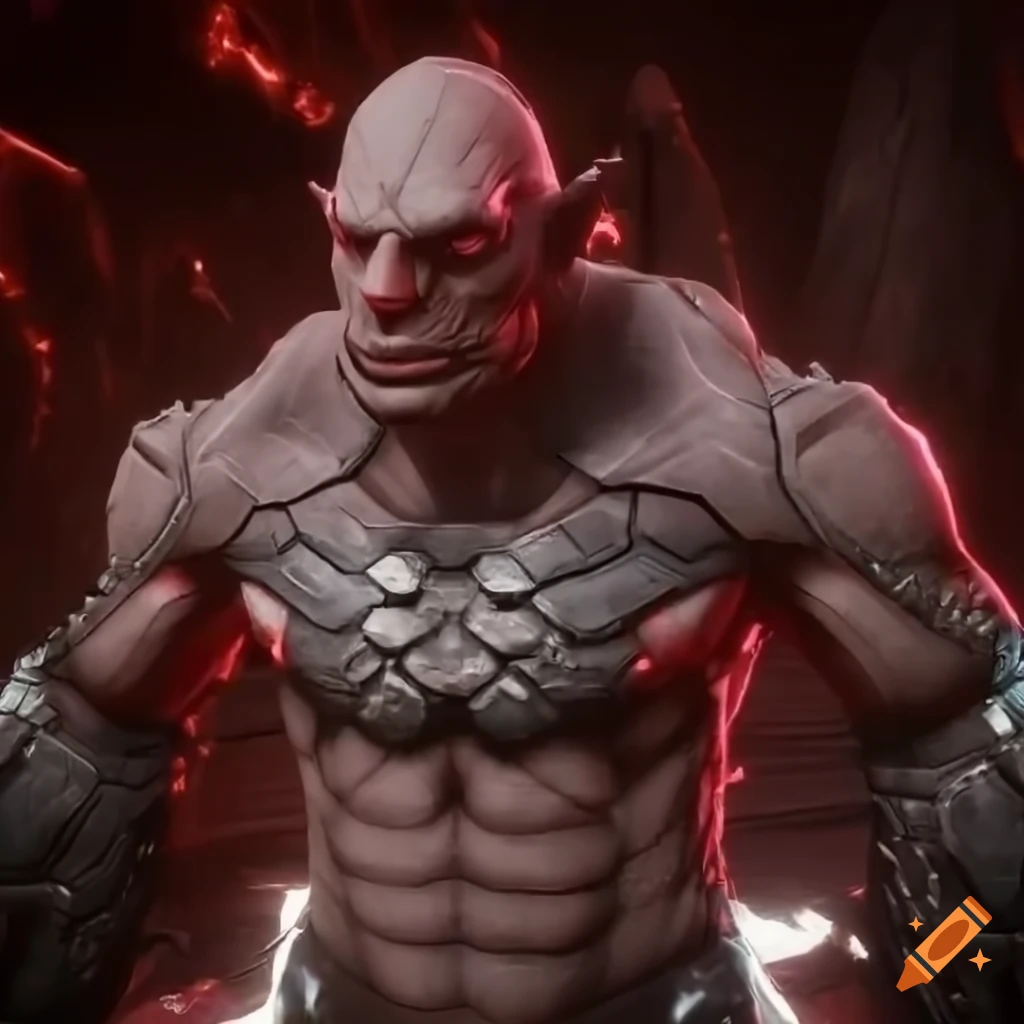 Sci-fi cybernetic muscle golem elf ogre man in black-rocky armor with ...