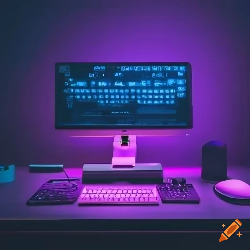 Programmer workspace with monitor, keyboard, and mouse under ambient ...