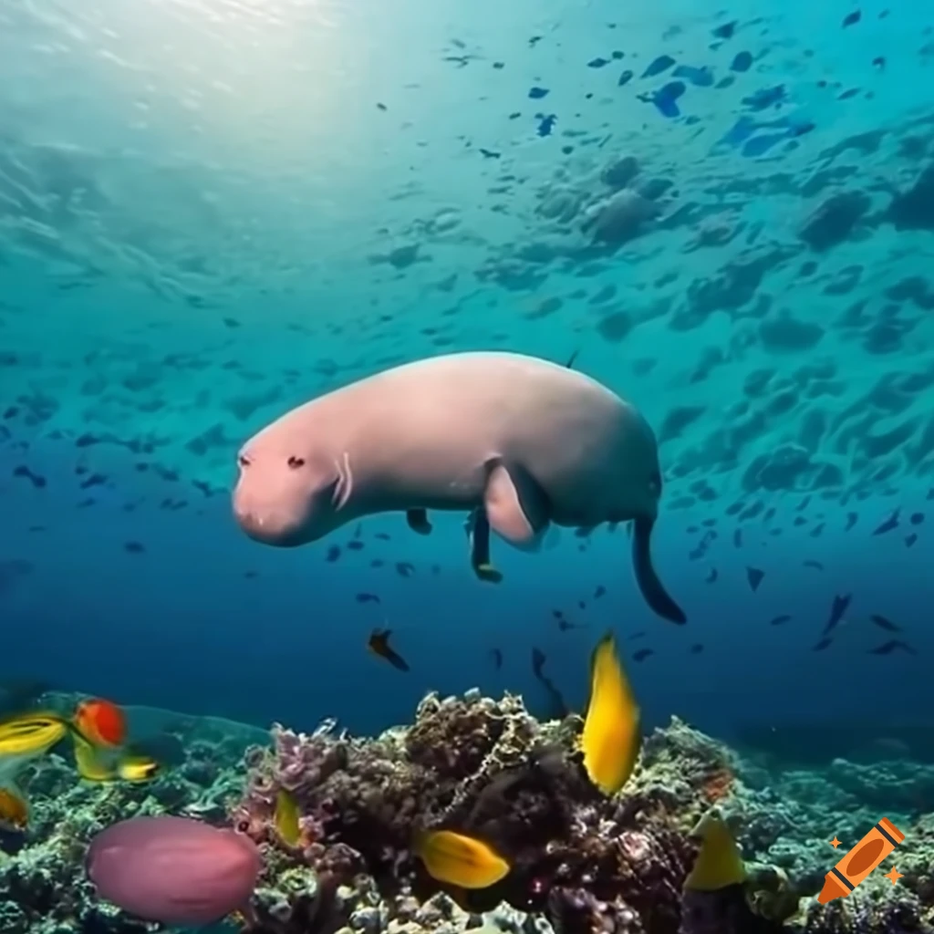Dugong gracefully swimming through vibrant coral reef surrounded by ...