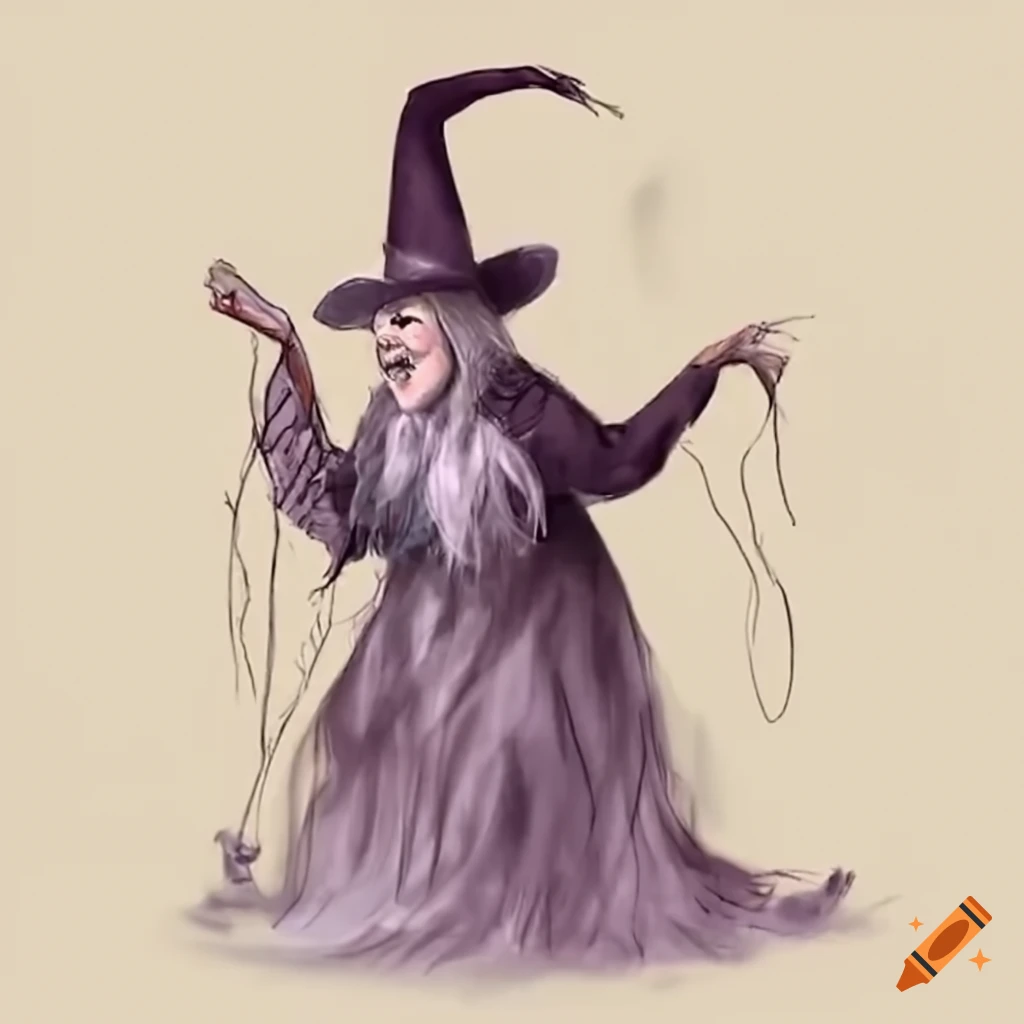 Laughing old witch dancing joyfully on a table on Craiyon