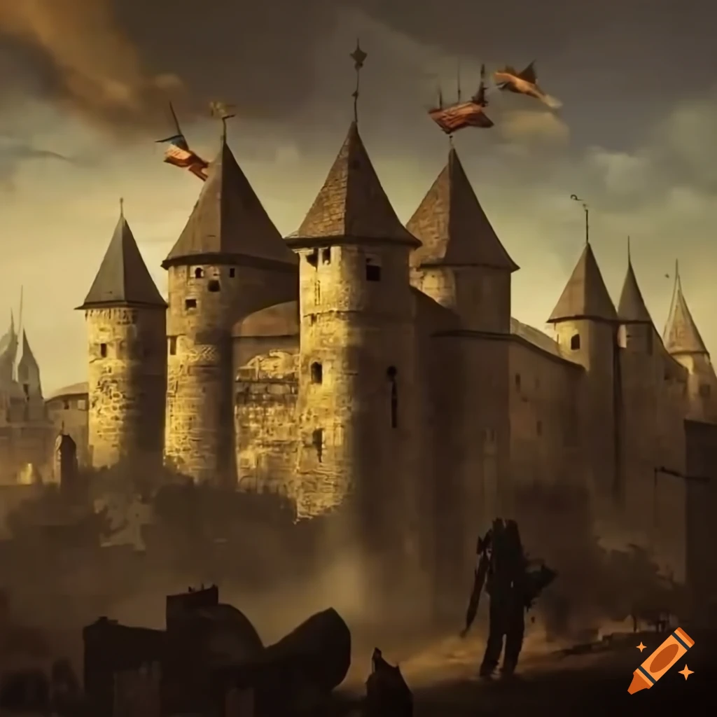 Epic medieval cityscape with towering walls and patrol soldiers on Craiyon