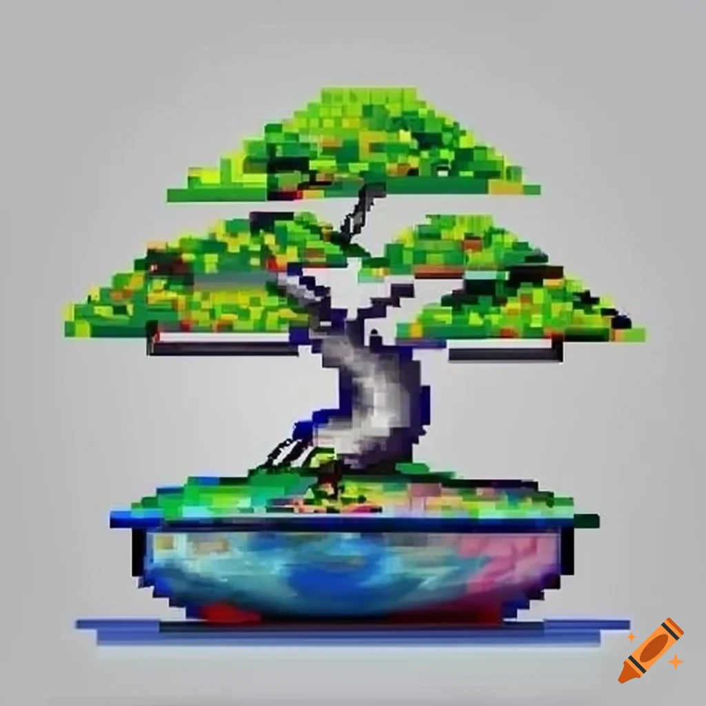 Bonsai tree pencil drawing transitioning into pixels on Craiyon