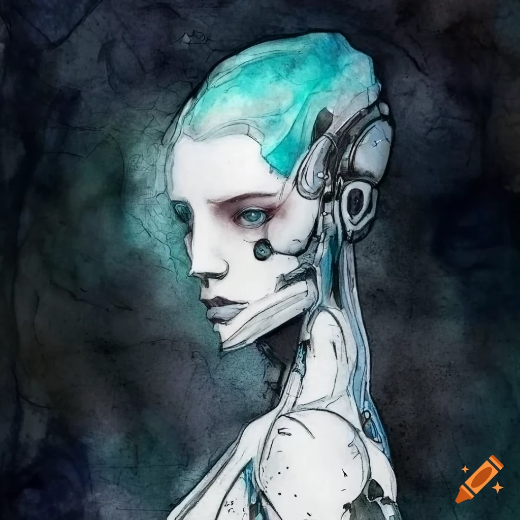 Young man cyborg in white high-tech bodysuit with light cyan hair ...