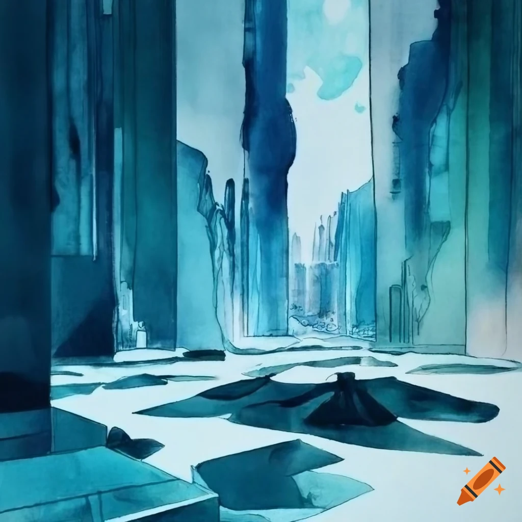 Futuristic structure in cyan and white hues inspired by yoshitaka amano ...