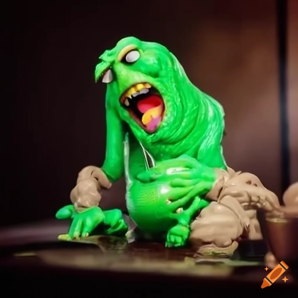 Muppet Slimer enjoying a bowl of Ghostbusters action figures on Craiyon