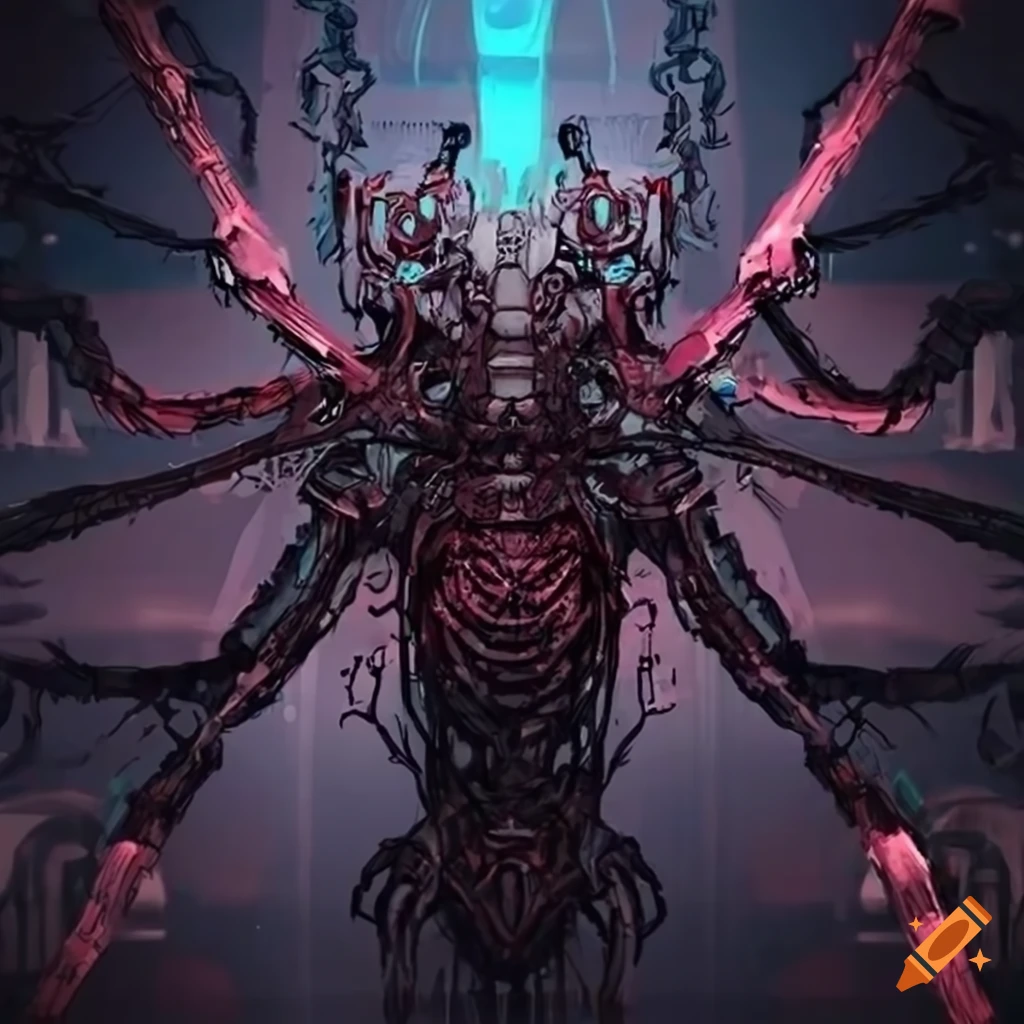 Imposing nightmare cyberpunk machine with arm wires and insectoid ...