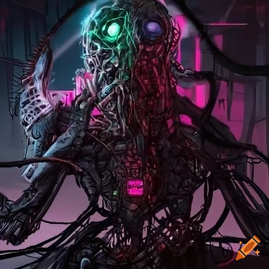 Imposing nightmare cyberpunk machine with arm wires and insectoid ...
