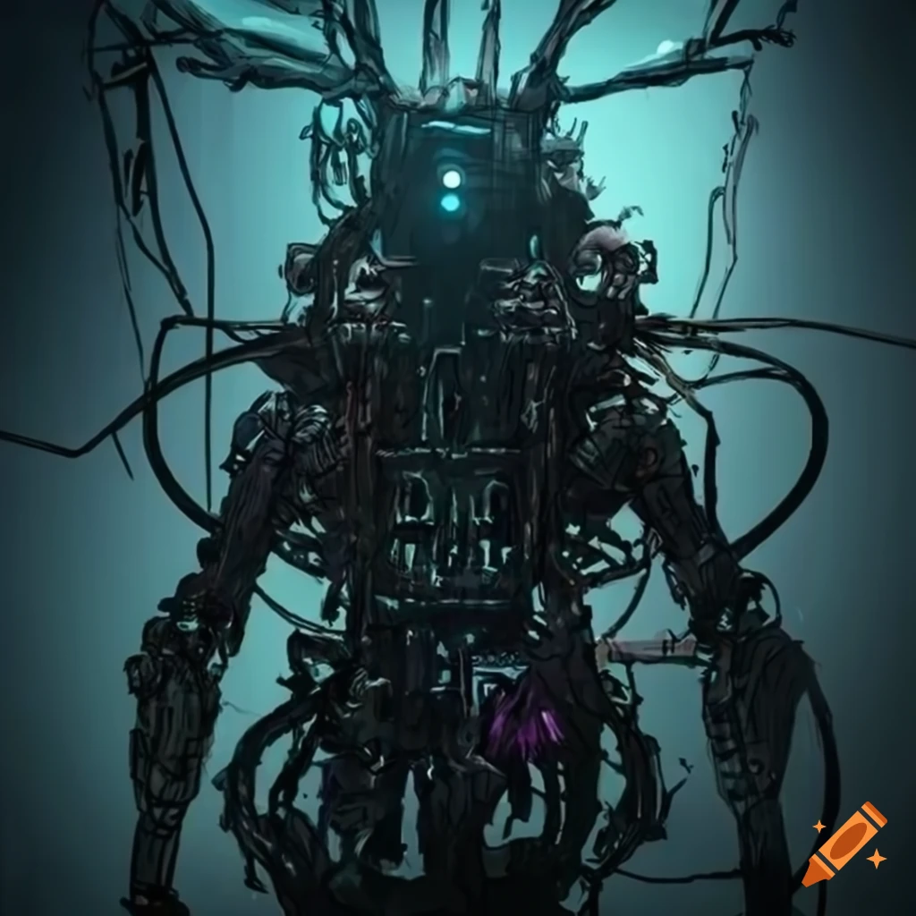 Imposing nightmare cyberpunk machine with arm wires and insectoid ...