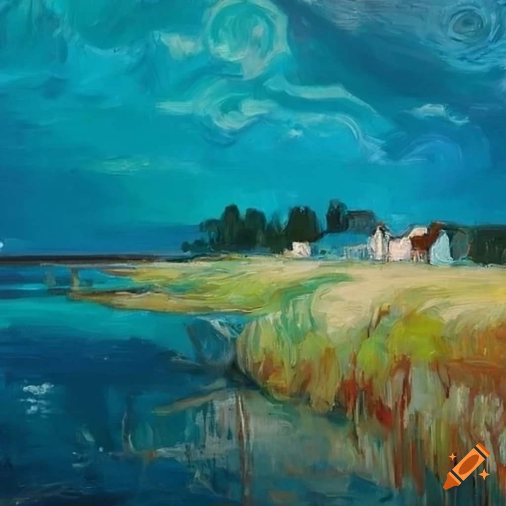 Abstract van gogh-style town by the sea with yachts at the pier and ...