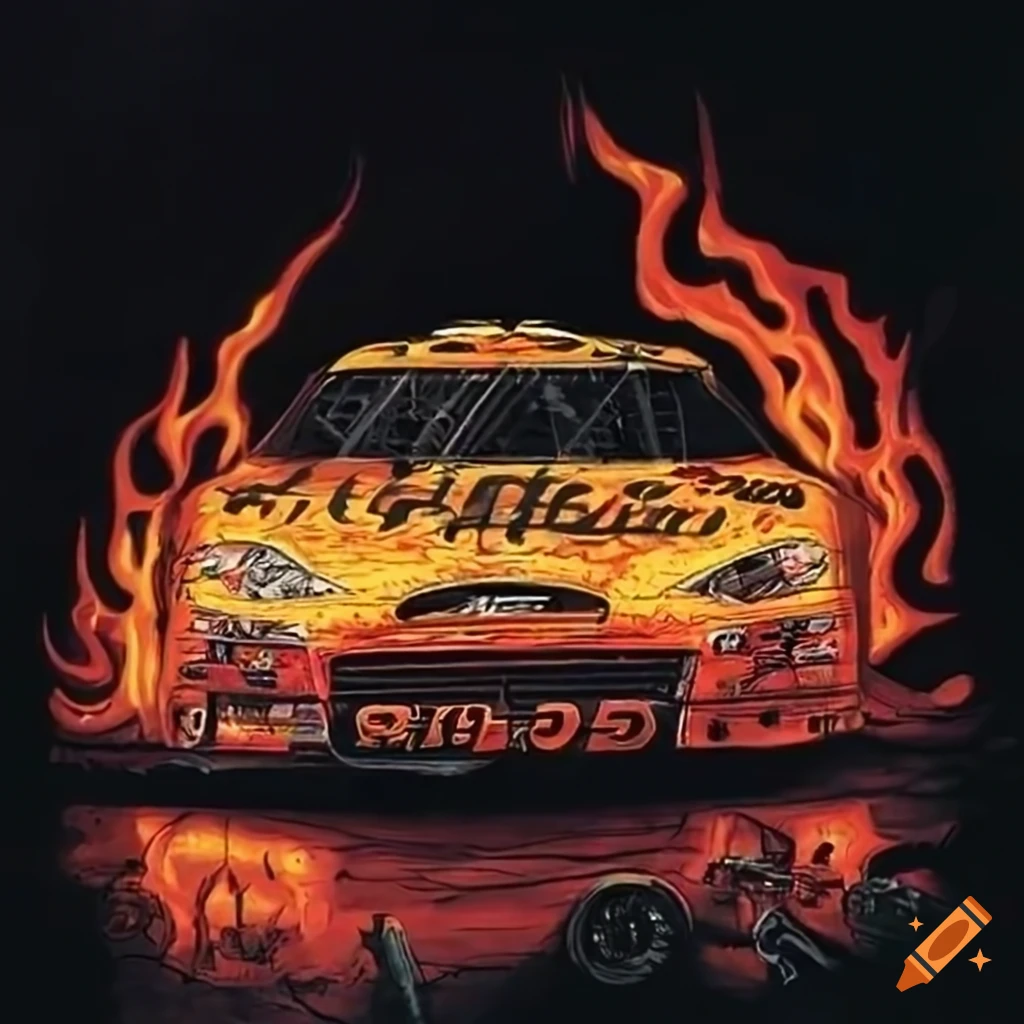 '00s Nascar racecar with tire flames in intricate pen-and-ink style on ...
