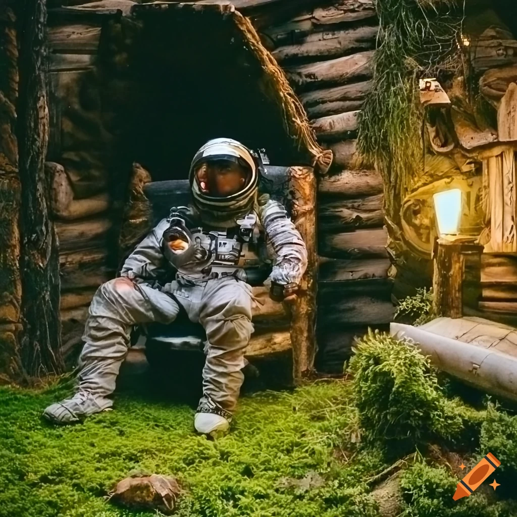 Astronaut in a cozy hobbit bedroom in a cabin chair on Craiyon