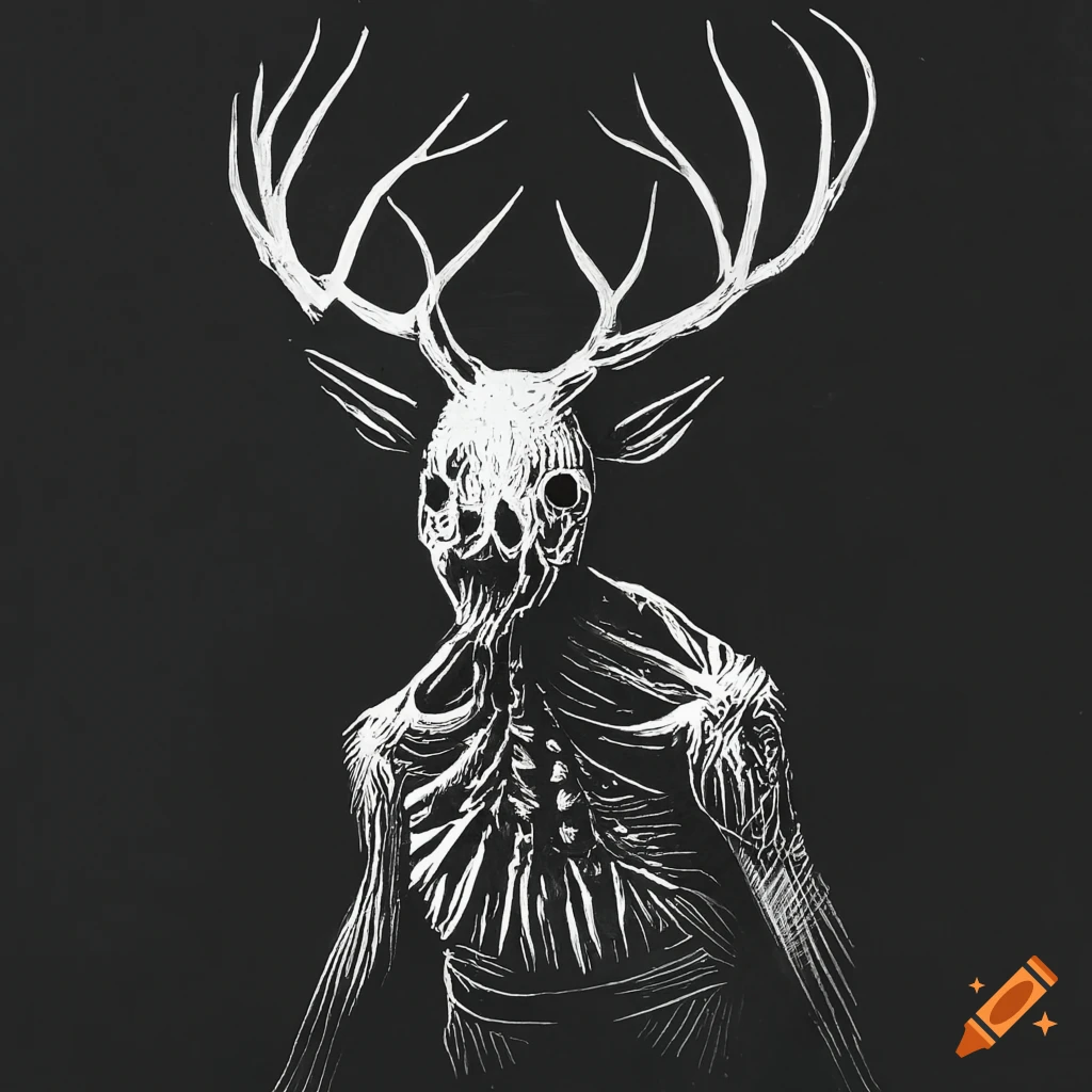 Minimalist black and white linocut print of a wendigo on Craiyon