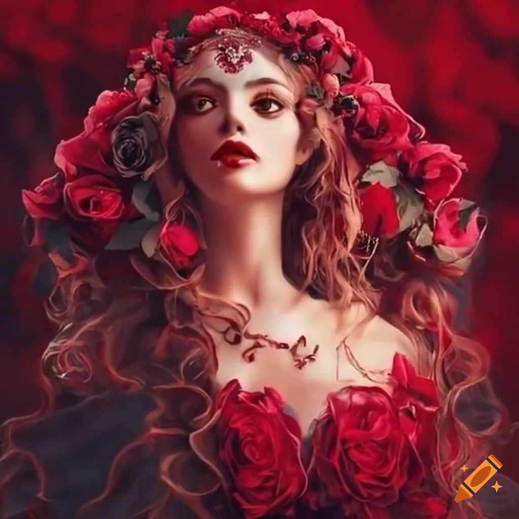 Rose goddess adorned with a rose garland and red dress on Craiyon