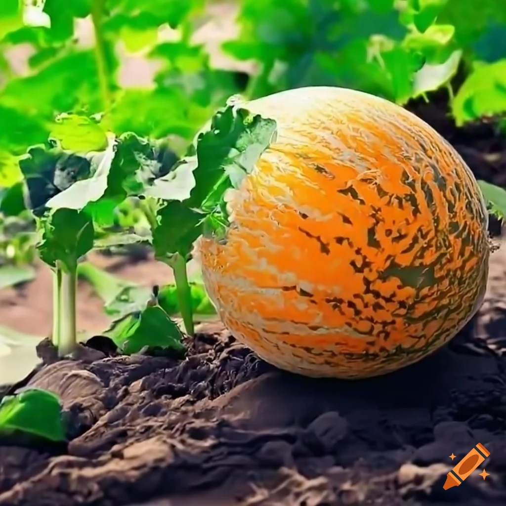Melon plant with fruit in the ground in 4k HD quality on Craiyon