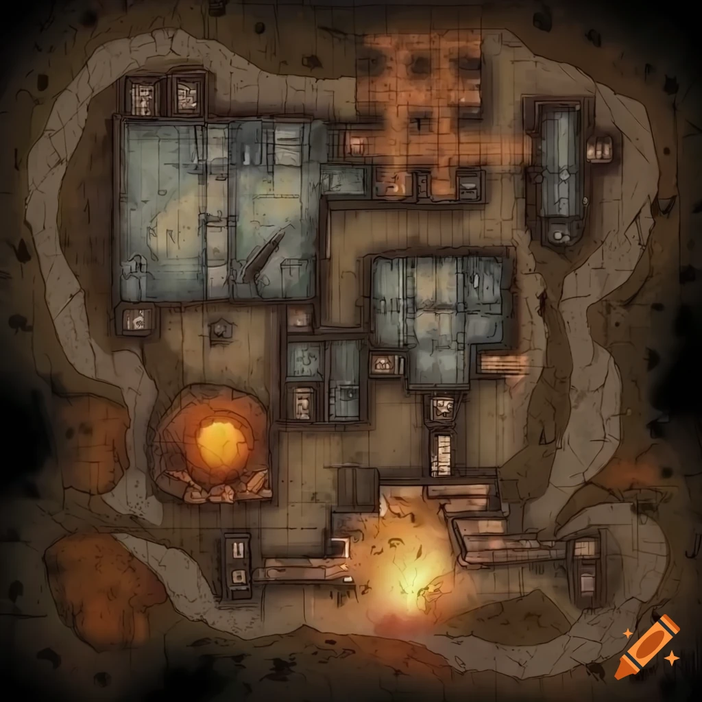 Top-down battle map of an underground mine prison camp in a fantasy setting on Craiyon