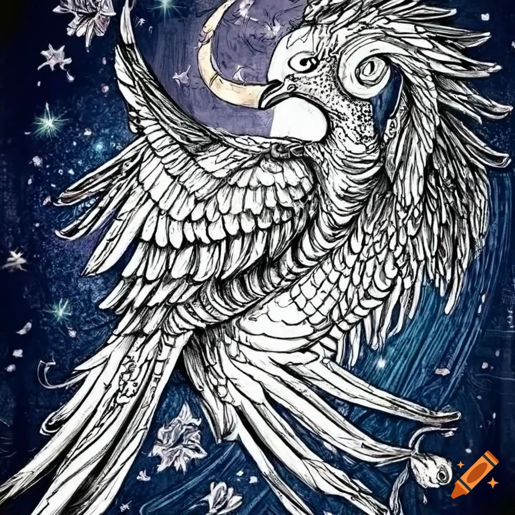Intricate line drawing of a six-winged celestial bird on Craiyon