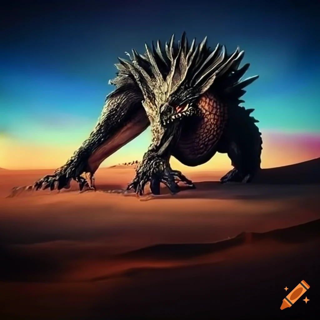 Giant dragon-turtle hybrids in a surreal black desert landscape on Craiyon
