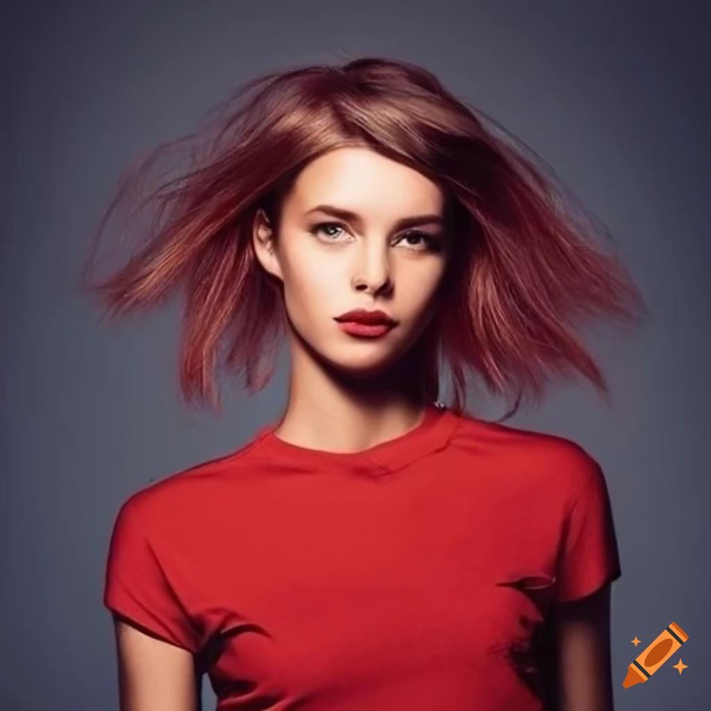 Female supermodel in red t-shirt portrait on Craiyon