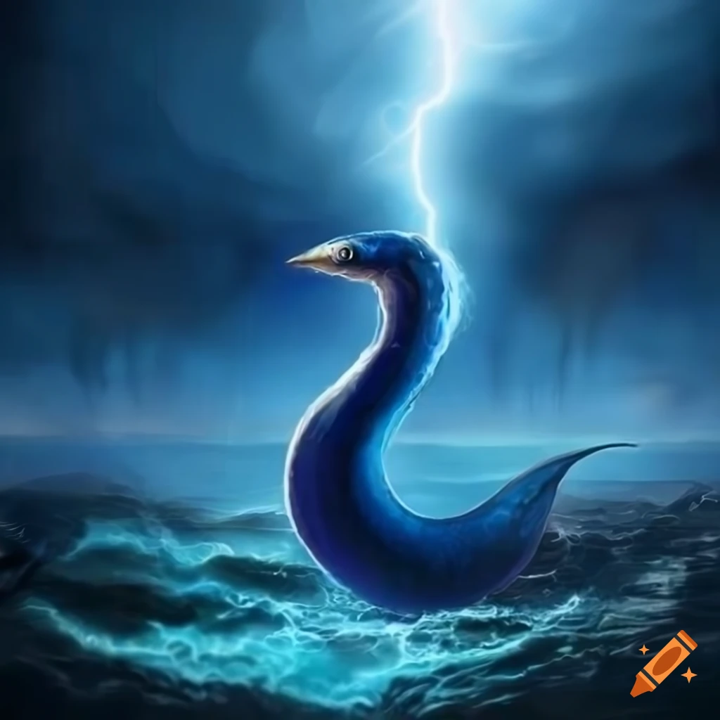 Blue eel swimming with lightning storm elements in a fantasy setting on ...