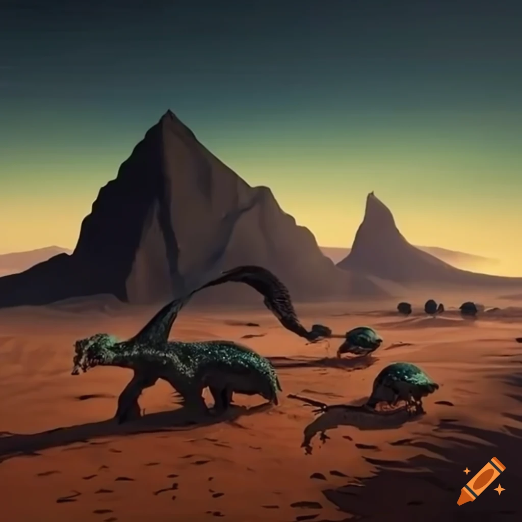 Giant dragon-turtle hybrids in a surreal black desert landscape on Craiyon