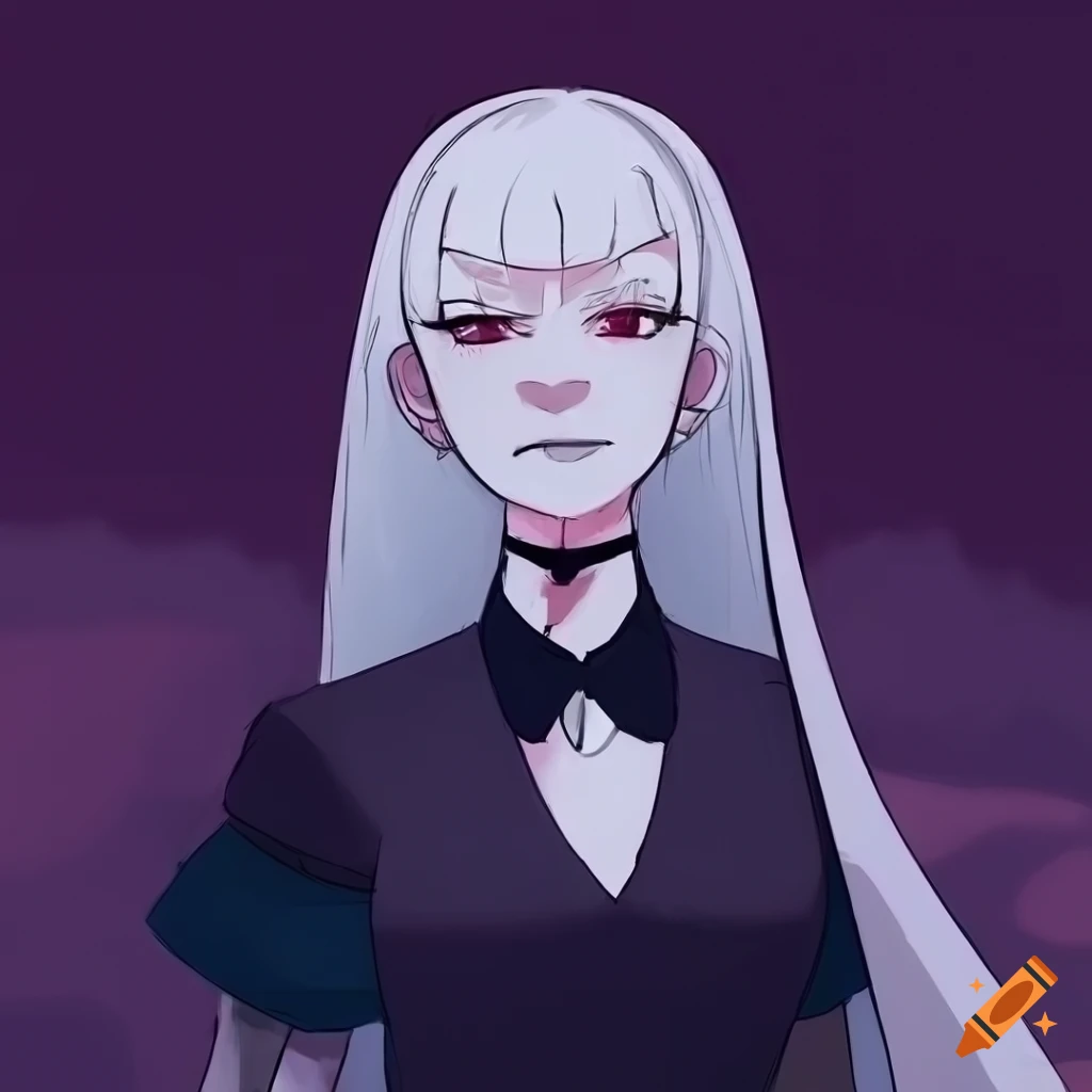Illustration of a character with goth style white hair on Craiyon