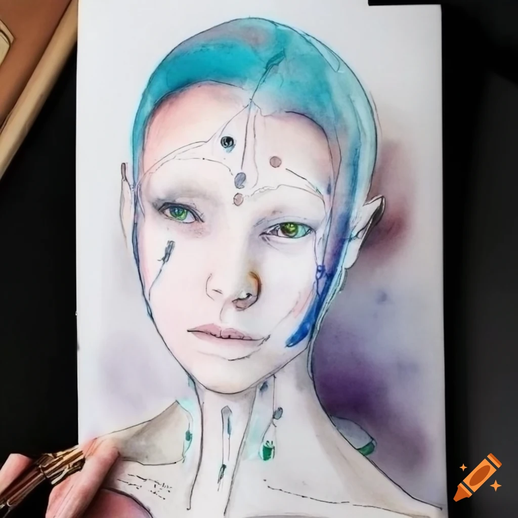 Sophisticated young cyborg in high-tech bodysuit with light cyan hair ...