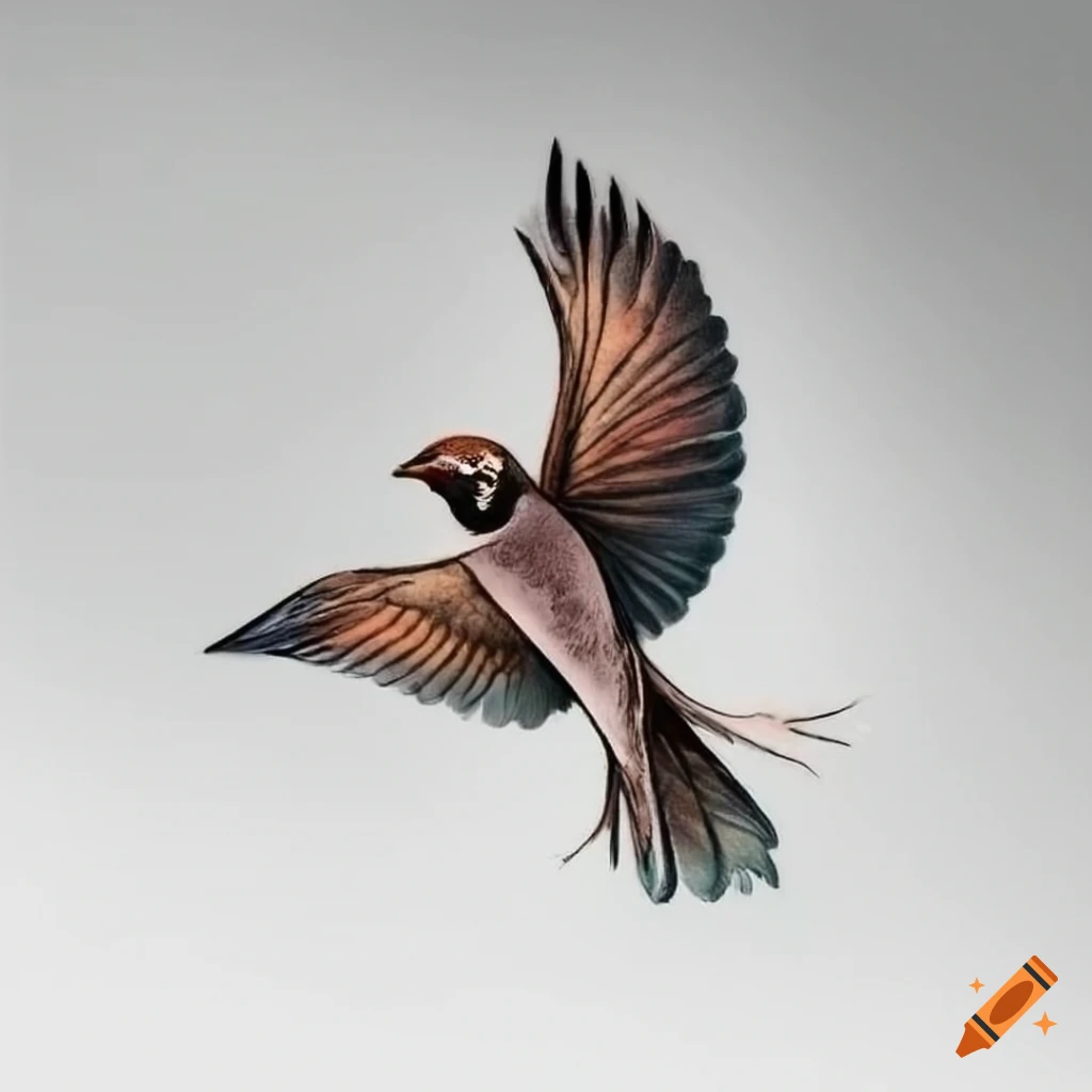 Sparrow flying with spread wings and tail feathers as a tattoo on Craiyon