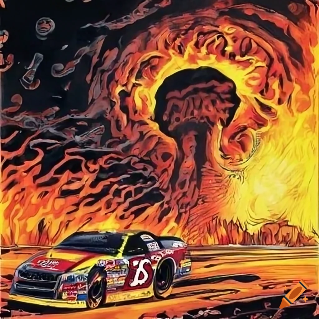 Detailed pen-and-ink drawing of a Nascar race car with tire flames and ...