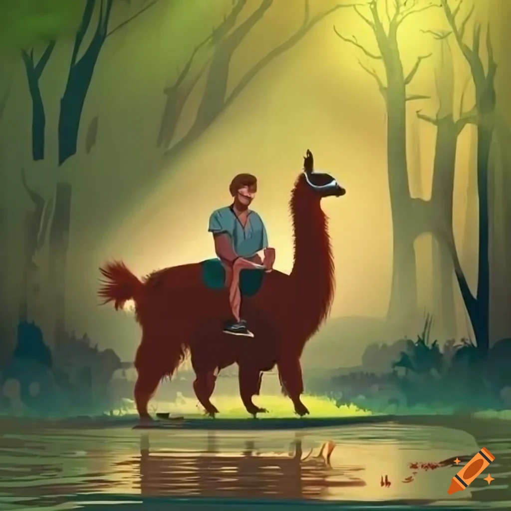 Man riding a llama in the woods with frogs in a pond on Craiyon