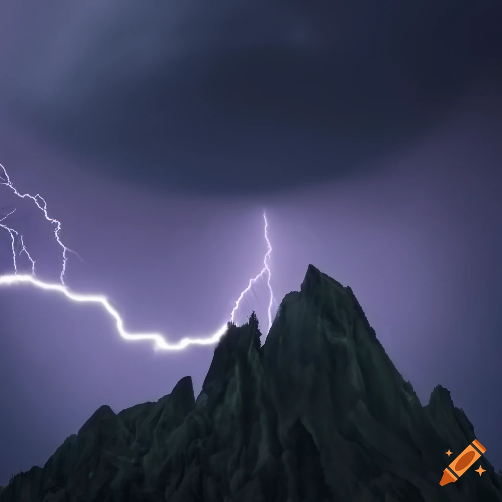 Mountain with thunder and lightning at the peak under dark clouds on ...