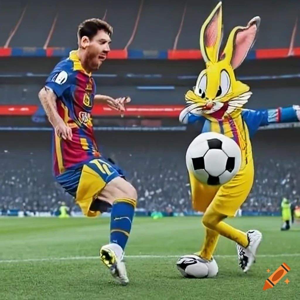 Yellow bugs bunny playing soccer with messi on Craiyon