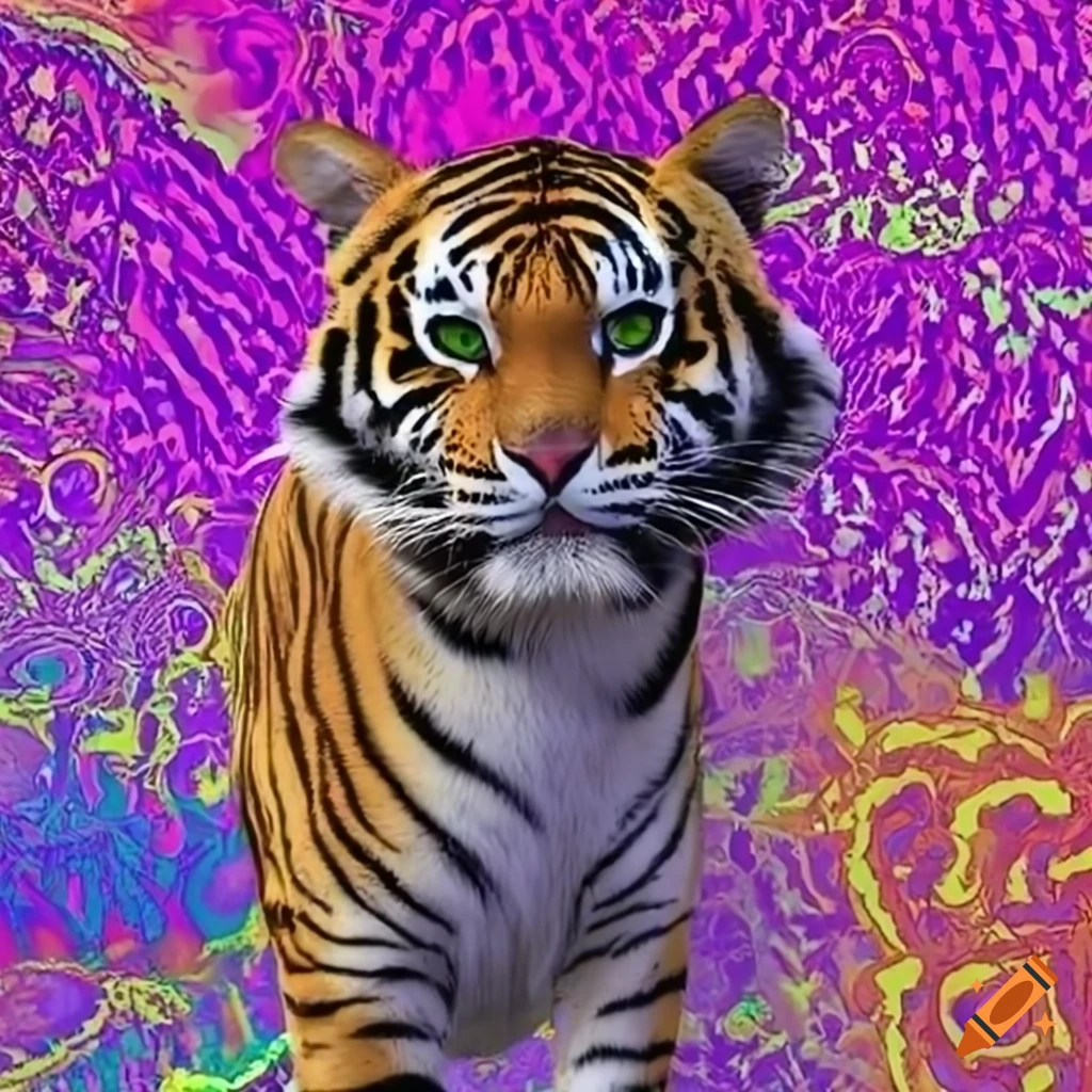Trippy psilocybin mushroom banner with dancing tiger theme on Craiyon