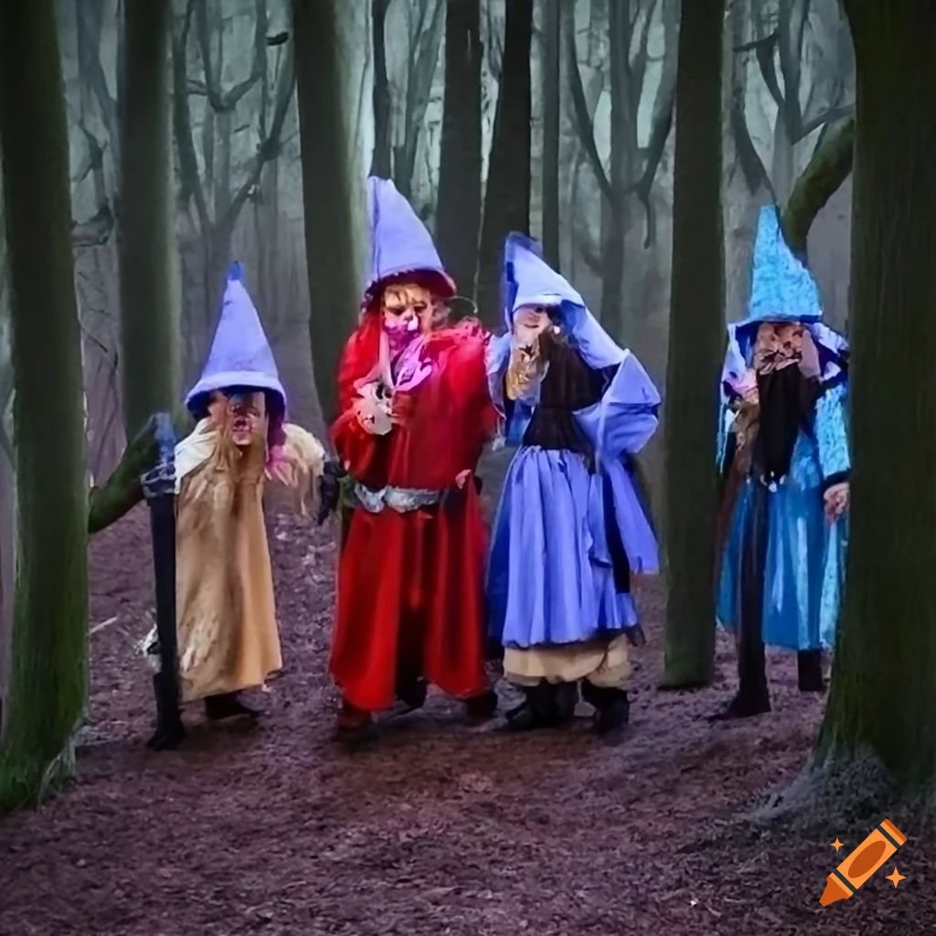 Five wizards in classic garb traveling through a tall forest with ...
